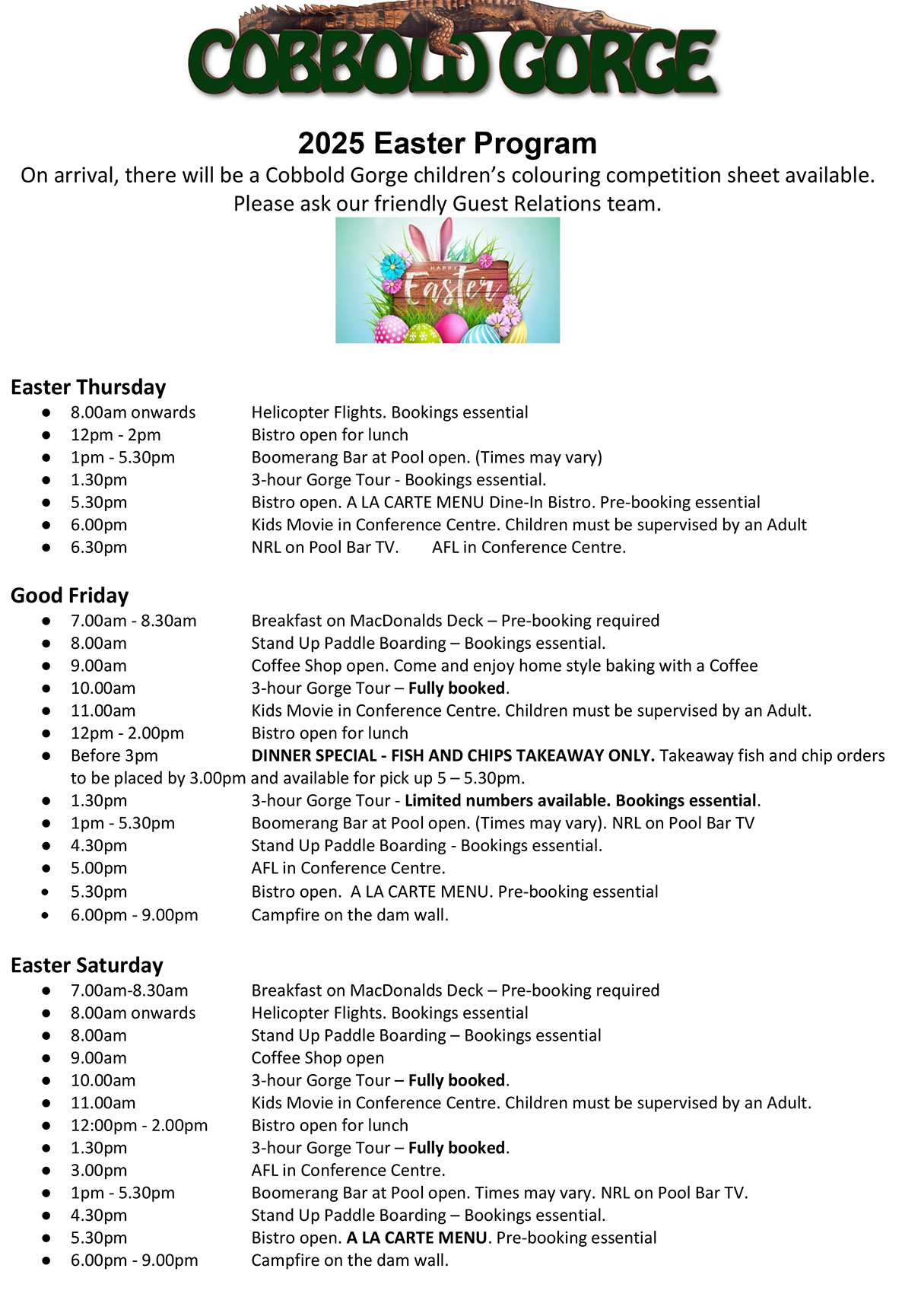 Cobbold's Easter Program 2025 - Cobbold Gorge